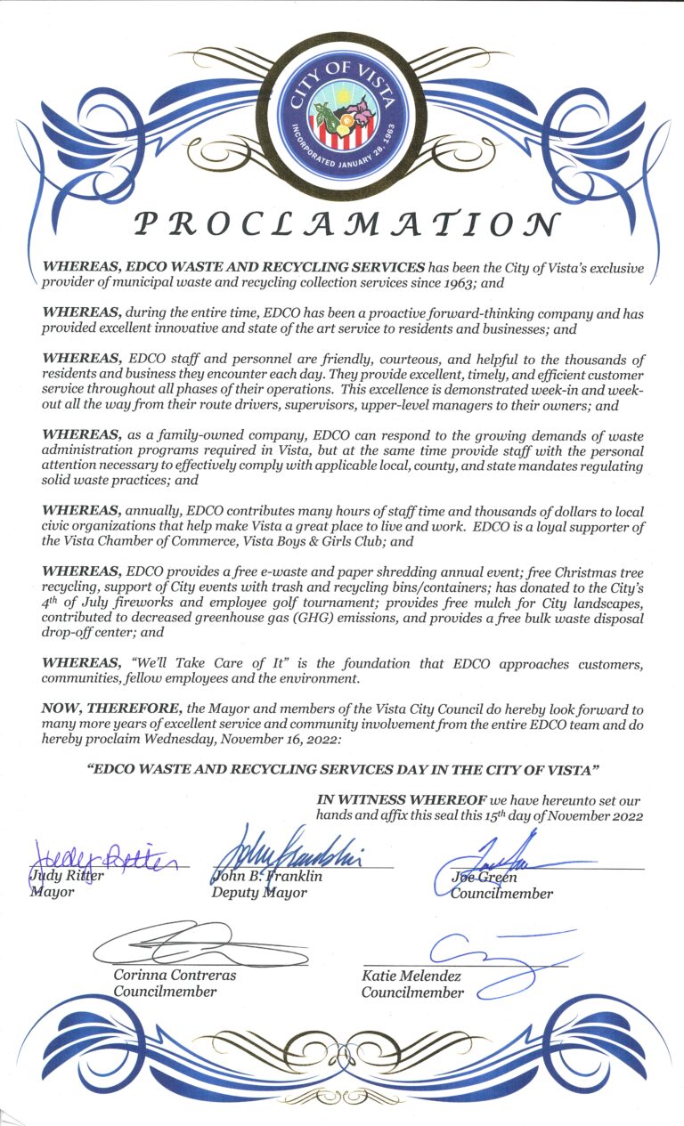 EDCO Day Proclaimed in the City of Vista - News - EDCO Buena Park